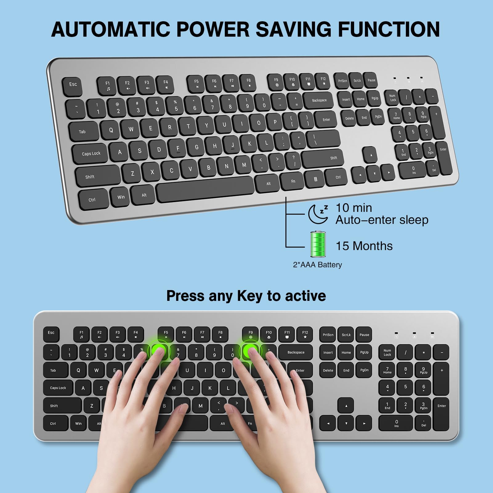 BRJEC Wireless Keyboard, 2.4G Wireless Computer Keyboard,Enlarged Indicator Light,Portable Full Size PC Keyboard with Numeric Keypad for Laptop,Desktop,Chromebook,Notebook (Black-Grey)