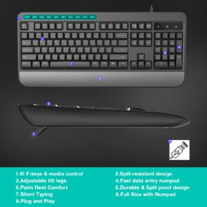 Wired Keyboard and Mouse Combo, Full-Sized Ergonomic Computer Keyboard with Palm Rest and Optical Wired Mouse for Windows, Mac OS Desktop/Laptop/PC