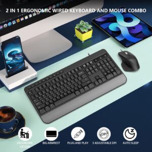 Wired Keyboard and Mouse Combo, Full-Sized Ergonomic Computer Keyboard with Palm Rest and Optical Wired Mouse for Windows, Mac OS Desktop/Laptop/PC