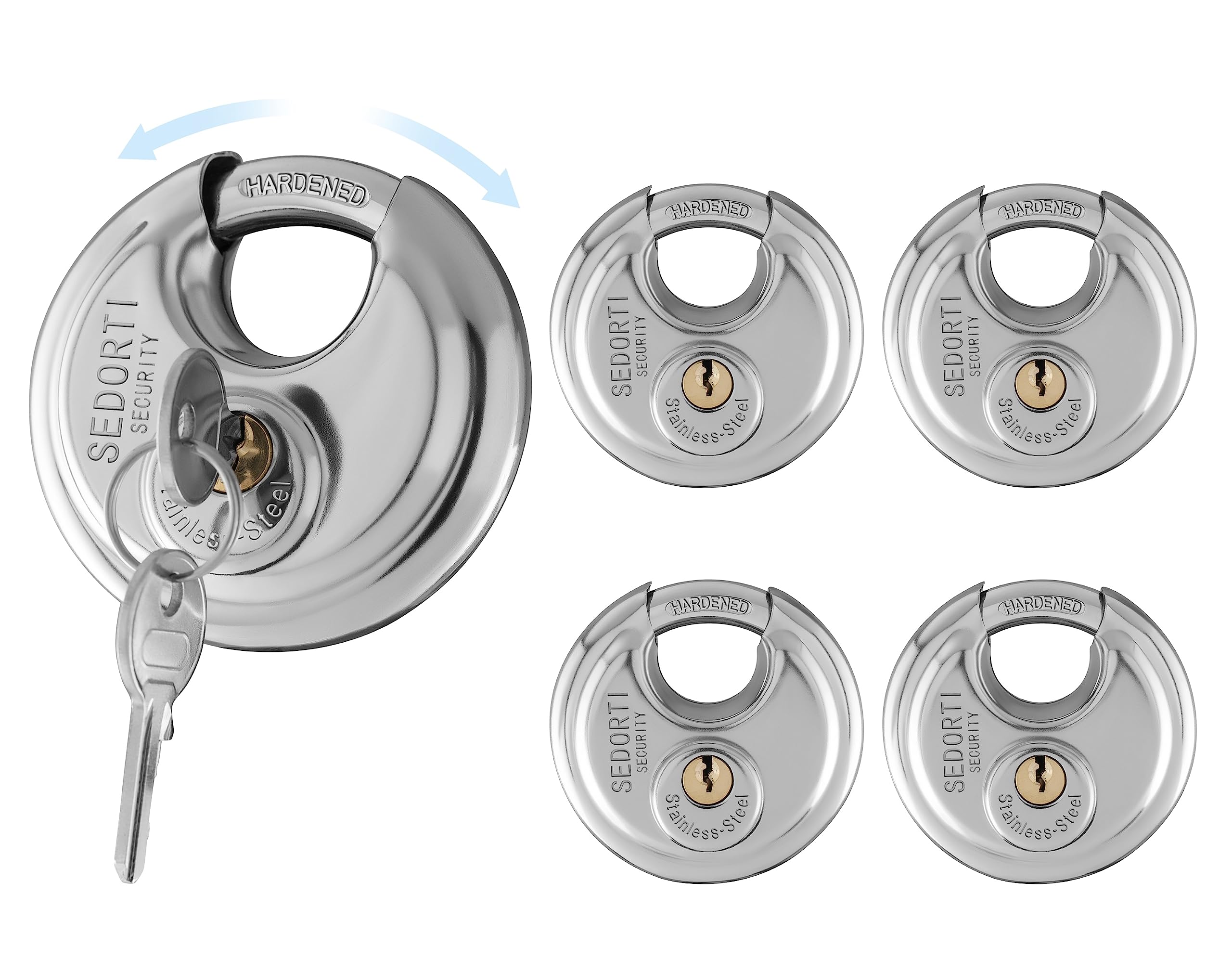 SEDORTI 5-Pack Discus Padlocks Keyed Alike, 2-3/4 inch Wide, Stainless Steel 304 Round Lock, Waterproof and Rustproof Storage Lock with Brass Keys, Ideal for Storage Unit Gate, Outdoor, Shed, Fence