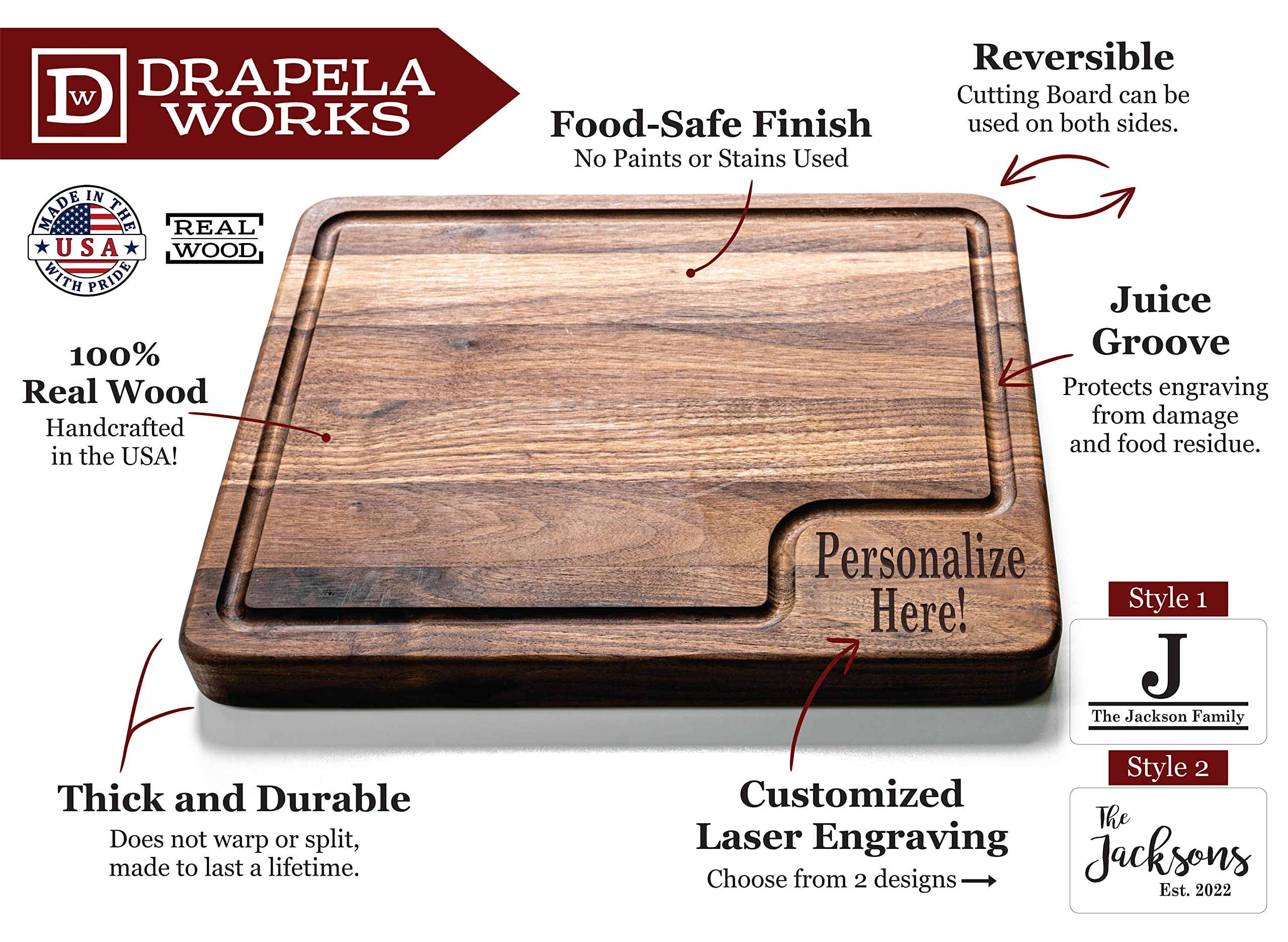 Custom Cutting Boards Wood Engraved Cutting Board Personalized, USA Made - Thick Maple/Walnut Personalized Cutting Boards Wood Engraved, Personalized Wedding Gifts for the Couple