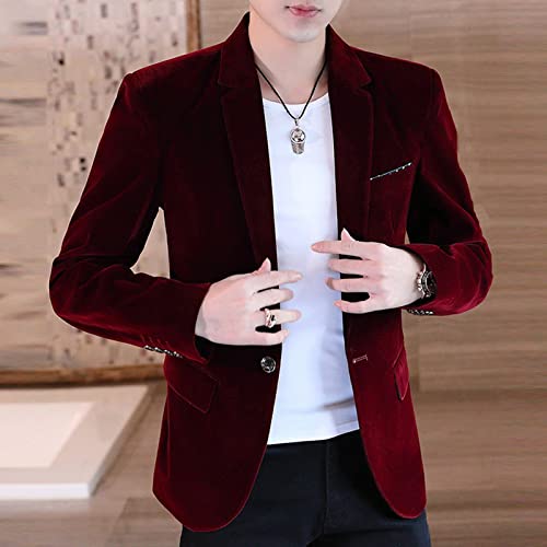 Men Vintage Velvet One Button Blazer Lightweight Solid Casual Sport Coat Single Breasted Slim Dinner Tuxedo Jacket (Red,X-Large)