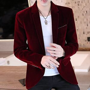 Men Vintage Velvet One Button Blazer Lightweight Solid Casual Sport Coat Single Breasted Slim Dinner Tuxedo Jacket (Red,X-Large)