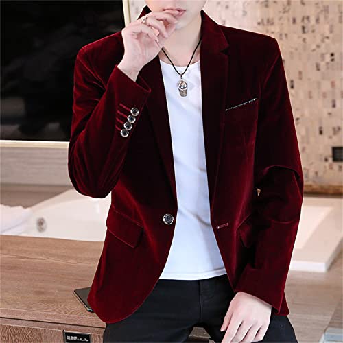 Men Vintage Velvet One Button Blazer Lightweight Solid Casual Sport Coat Single Breasted Slim Dinner Tuxedo Jacket (Red,X-Large)