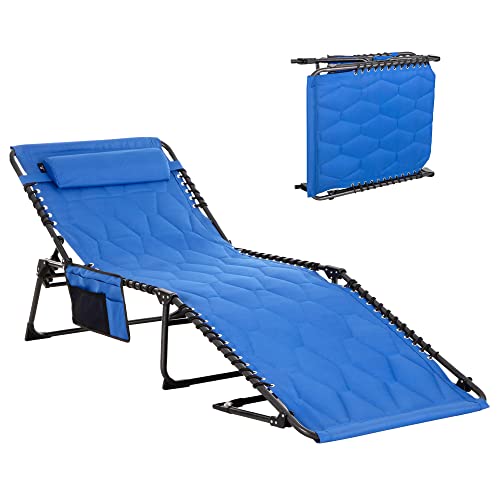 ALPHA CAMP Outdoor Folding Chaise Lounge Chair Support 400 LBS for Beach Lawn Pool Tanning Deck Camping, 5-Position Reclining Patio Chairs with Pillow, Blue