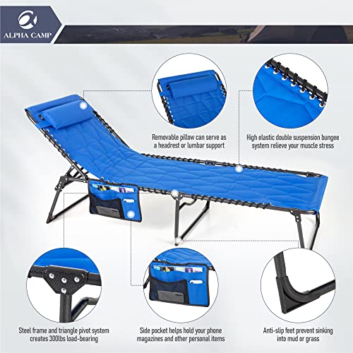 ALPHA CAMP Outdoor Folding Chaise Lounge Chair Support 400 LBS for Beach Lawn Pool Tanning Deck Camping, 5-Position Reclining Patio Chairs with Pillow, Blue