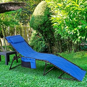 ALPHA CAMP Outdoor Folding Chaise Lounge Chair Support 400 LBS for Beach Lawn Pool Tanning Deck Camping, 5-Position Reclining Patio Chairs with Pillow, Blue