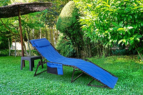 ALPHA CAMP Outdoor Folding Chaise Lounge Chair Support 400 LBS for Beach Lawn Pool Tanning Deck Camping, 5-Position Reclining Patio Chairs with Pillow, Blue