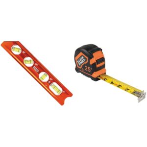 klein tools 935rb level, 8-inch torpedo level & 9225 tape measure, heavy-duty measuring tape with 25-foot double-hook double-sided nylon reinforced blade, with metal belt clip