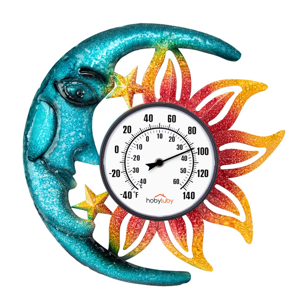 Large Number Indoor Outdoor Thermometer, Celestial Sun and Moon Decor Wall Thermometer for Patio, Outside, Inside, Home, Garden, Room, Window, Greenhouse (15")