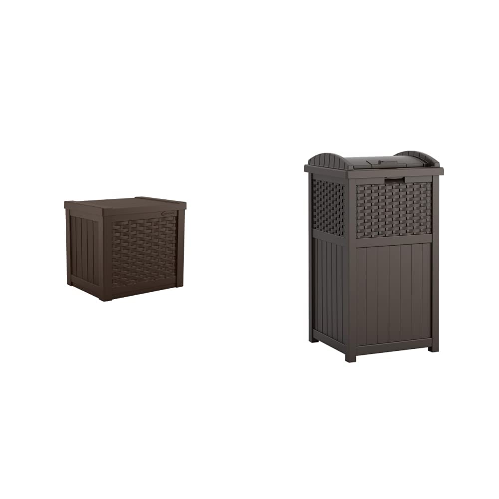 Suncast Resin Storage Seat (22 Gallon) and Trash Can (33 Gallon) Bundle for Backyard, Deck, Patio