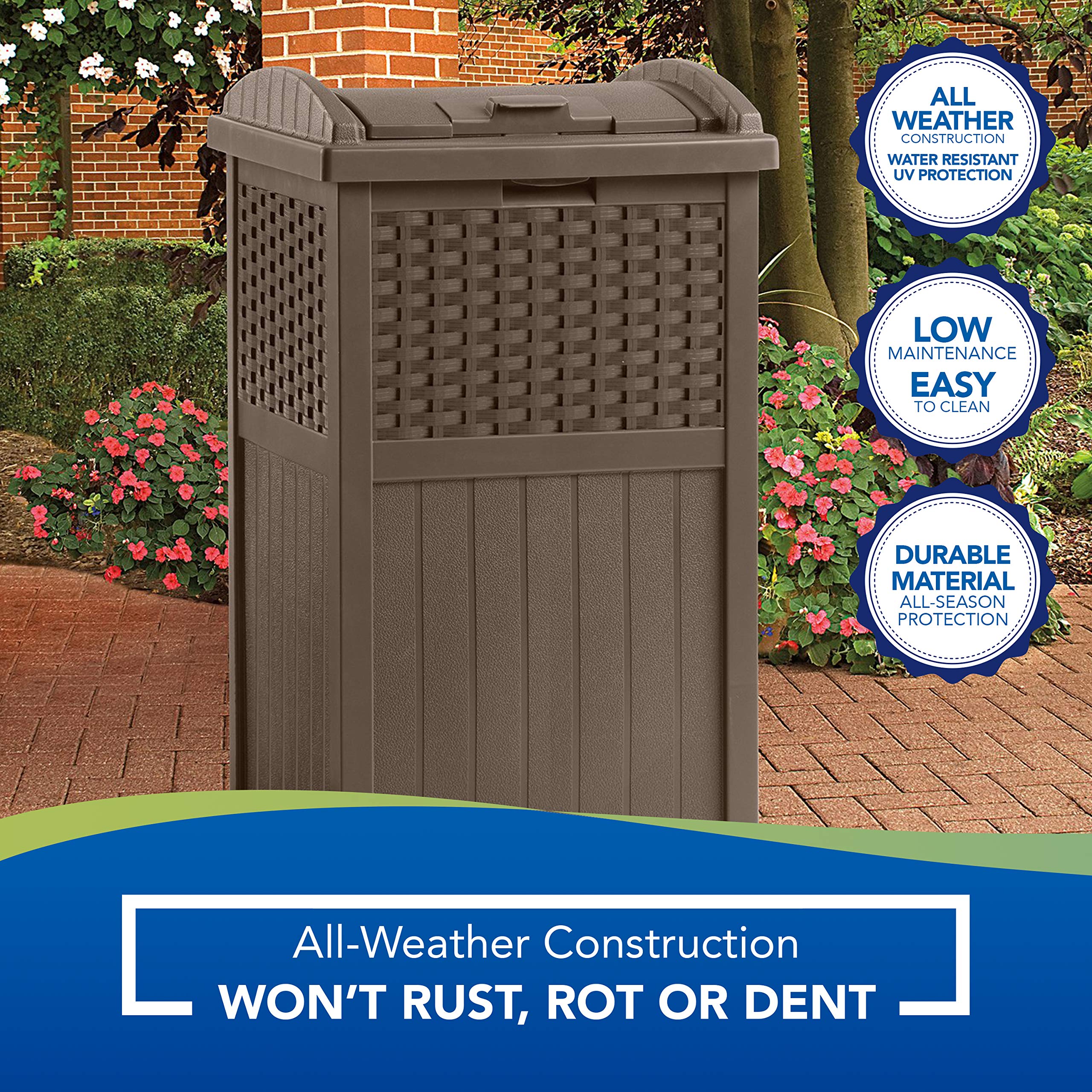 Suncast Resin Storage Seat (22 Gallon) and Trash Can (33 Gallon) Bundle for Backyard, Deck, Patio