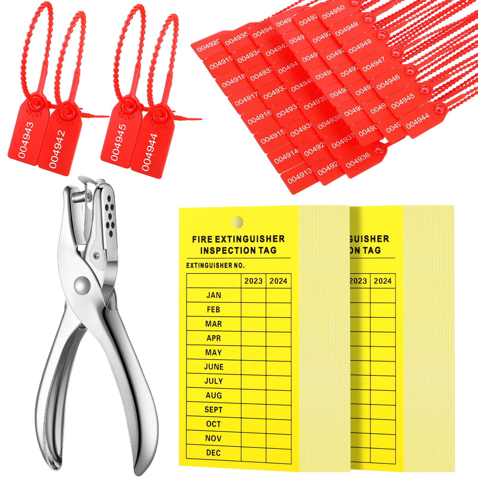 101 Pieces Monthly Fire Extinguisher Inspection Tags 2023 Maintenance Tags and Plastic Tamper Seals Numbered Security Tags with Handheld Hole Puncher (Red, Yellow, 4.33 x 2.13 Inch)