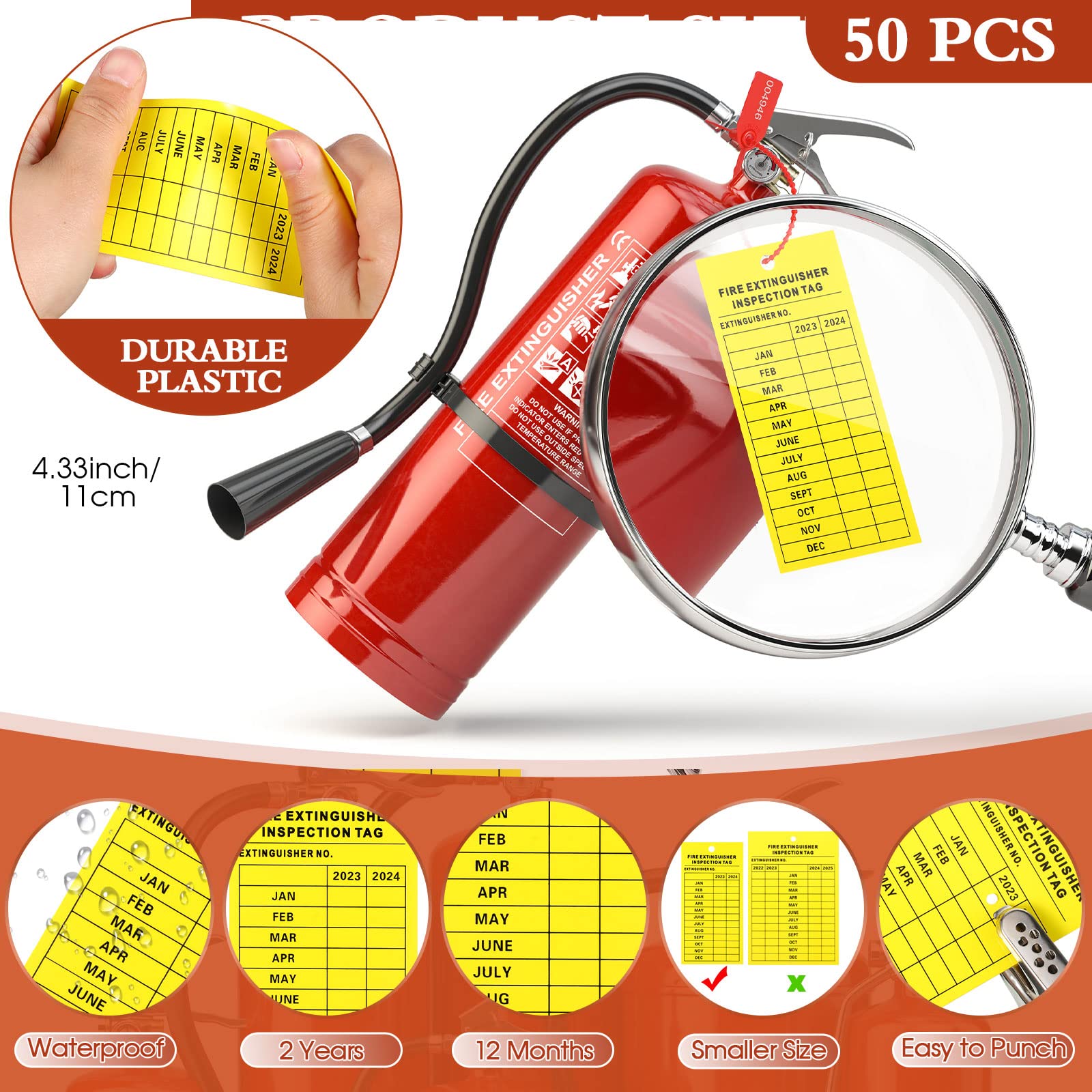 101 Pieces Monthly Fire Extinguisher Inspection Tags 2023 Maintenance Tags and Plastic Tamper Seals Numbered Security Tags with Handheld Hole Puncher (Red, Yellow, 4.33 x 2.13 Inch)