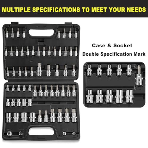 ARUCMIN 64-Piece External Torx Bit Socket Set, 1/4, 3/8, 1/2-inch Drive Master Hex and Star Bit Set, S2 and CR-V Steel (E4-E24, T6-T70, TT6-TT70, TP8-TP60)