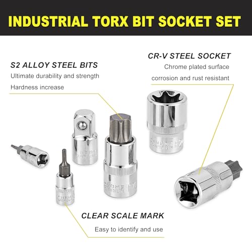 ARUCMIN 64-Piece External Torx Bit Socket Set, 1/4, 3/8, 1/2-inch Drive Master Hex and Star Bit Set, S2 and CR-V Steel (E4-E24, T6-T70, TT6-TT70, TP8-TP60)