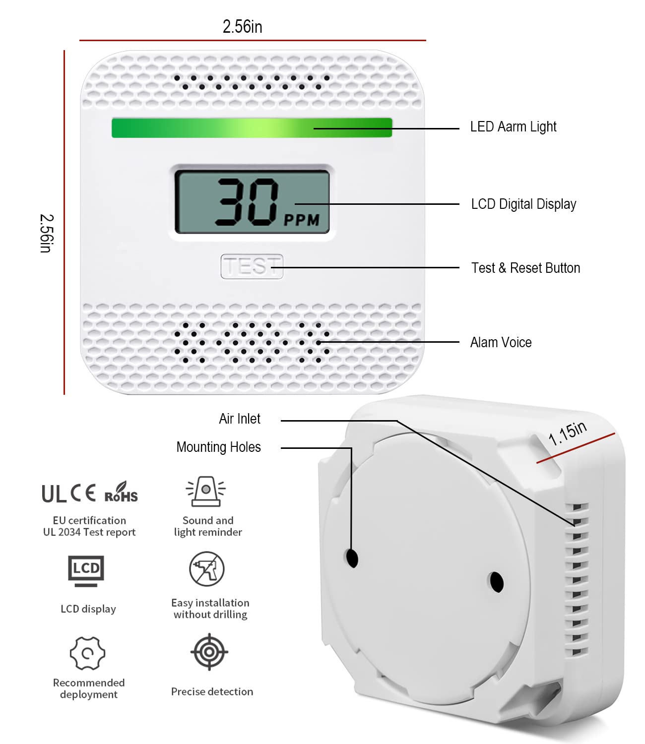 Carbon Monoxide Detectors, Portable CO Alarm Detector Device with LCD Digital Display for Travel Home, Carbon Monoxide Alarm with Electrochemical Sensor, Battery Powered