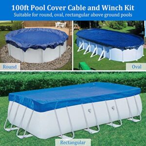 Belleone Swimming Pool Cover Cable and Winch Kit - 100ft Plastic-Coated Steel Pool Cover Wire & Aluminum Spring Loaded Pool Cover Ratchet for Above Ground Swimming Pool Winter Safe