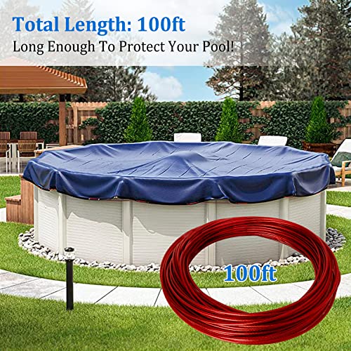 Belleone Swimming Pool Cover Cable and Winch Kit - 100ft Plastic-Coated Steel Pool Cover Wire & Aluminum Spring Loaded Pool Cover Ratchet for Above Ground Swimming Pool Winter Safe