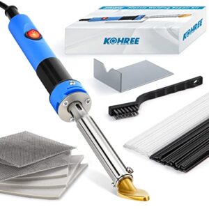 kohree plastic repair welding kit, with 40 plastic rods, 3 sponge, 2 welder tips, 2 mesh, 1 metal stand,1 metal brush, 80w iron, 110v, plastic welder kit for diy, car bumper, dashboard, kayak, canoe