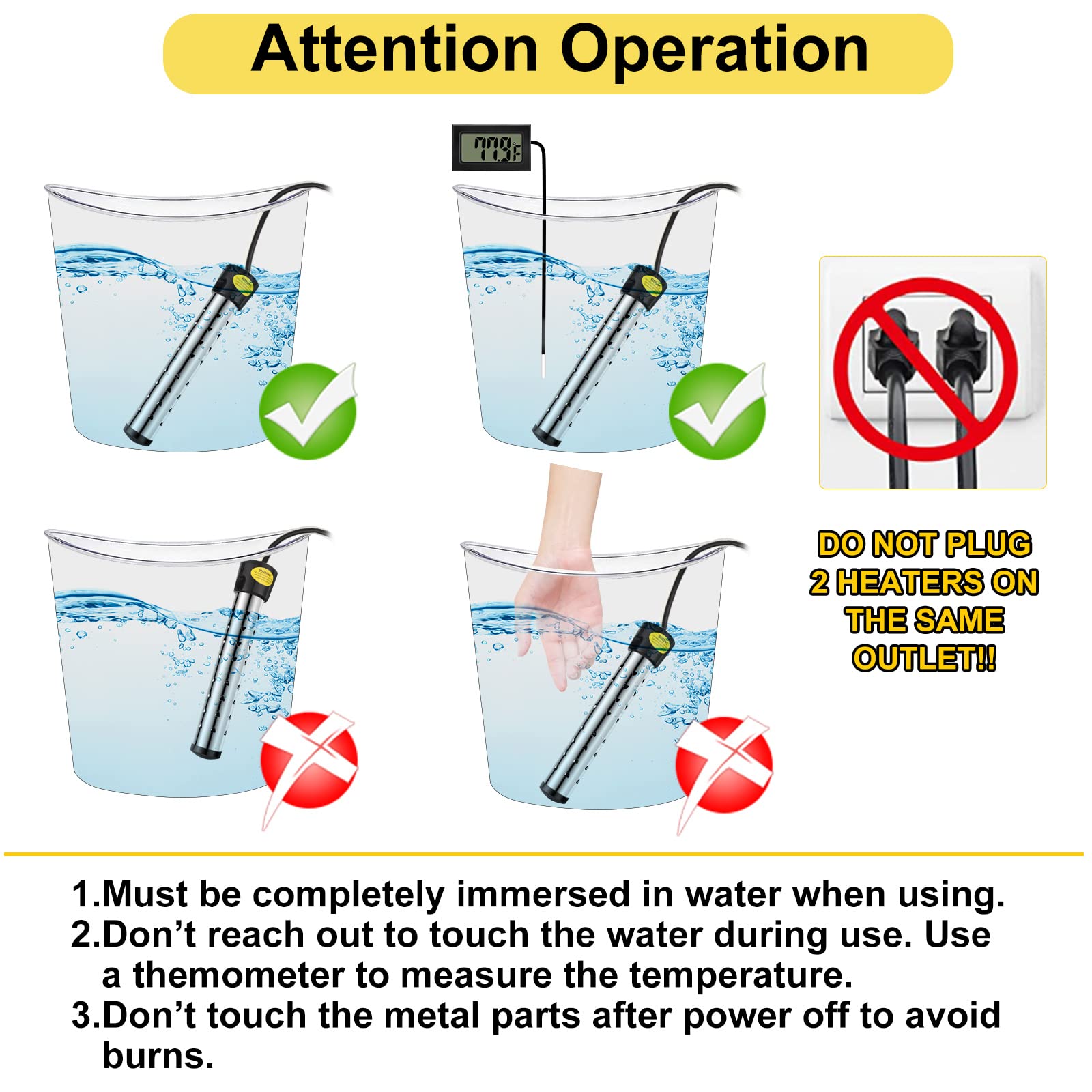 2 Pcs Immersion Water Heater Portable Electric Heater Submersible Hot Tub Heater with 304 SS Guard for Above Ground Pool Bathtub Plastic Bucket Basin Heat 5 Gallon Water in Minutes(Black, 1500W)