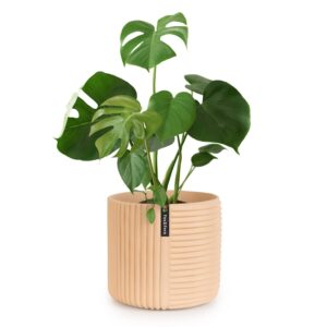 fox & fern flower pot, 12 inch plant pots indoor, 12 inch planters for indoor plants, 12 inch pots for plants - 3d line texture - polystone - including drainage plug – sand finish - 12 inch planter