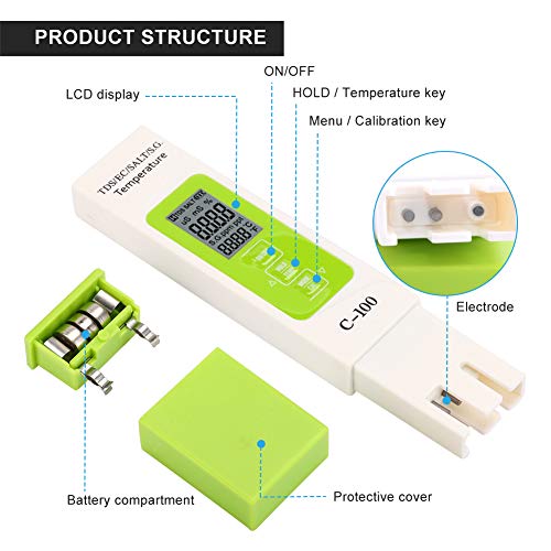 Water TDS Meter，5 in 1 TDS, EC, Salinity,Temperature Meter, Specific Gravity of Sea Water Accurate & Reliable ppm Meter,Digital Water Tester for Drinking Water, Aquariums, Swimming Pool, Hydroponic S