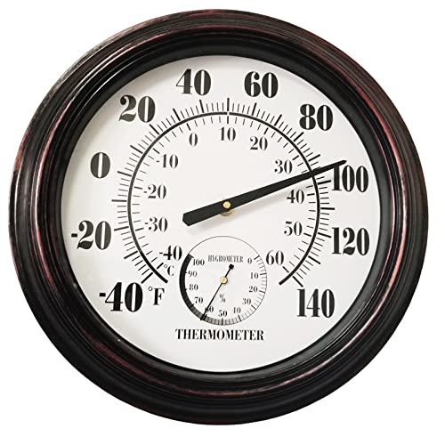 Indoor Outdoor Thermometer Large 12 Inch Wall Thermometer-Hygrometer Waterproof Does not Require Battery (Brown)