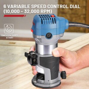 Wood Router Tool, Enhulk 6.5-AMP 1.25HP Compact Trim Router for Woodworking, 6 Speeds to 32000 RPM, Kit with Roller Guide, Edge Guide and Dust Hood…