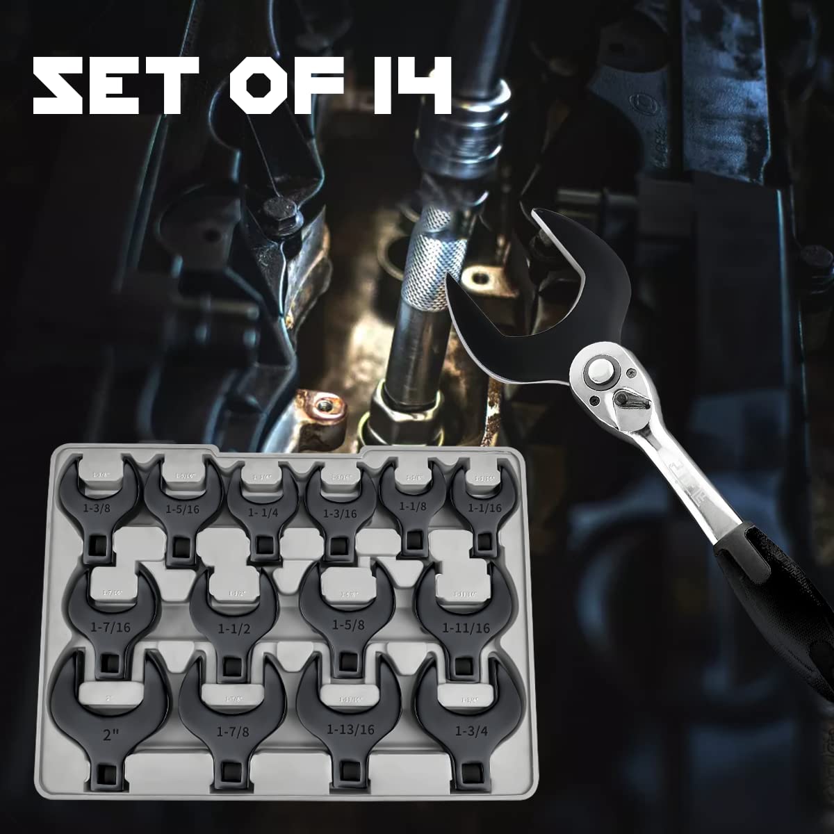 Owl Tools Jumbo Crows Foot Wrench Set 1/2 Drive - (14 Piece Set in Large SAE Sizes from 1 1/16" to 2") Black Oxide with Laser Etched Sizing Crowfoot Wrench Set