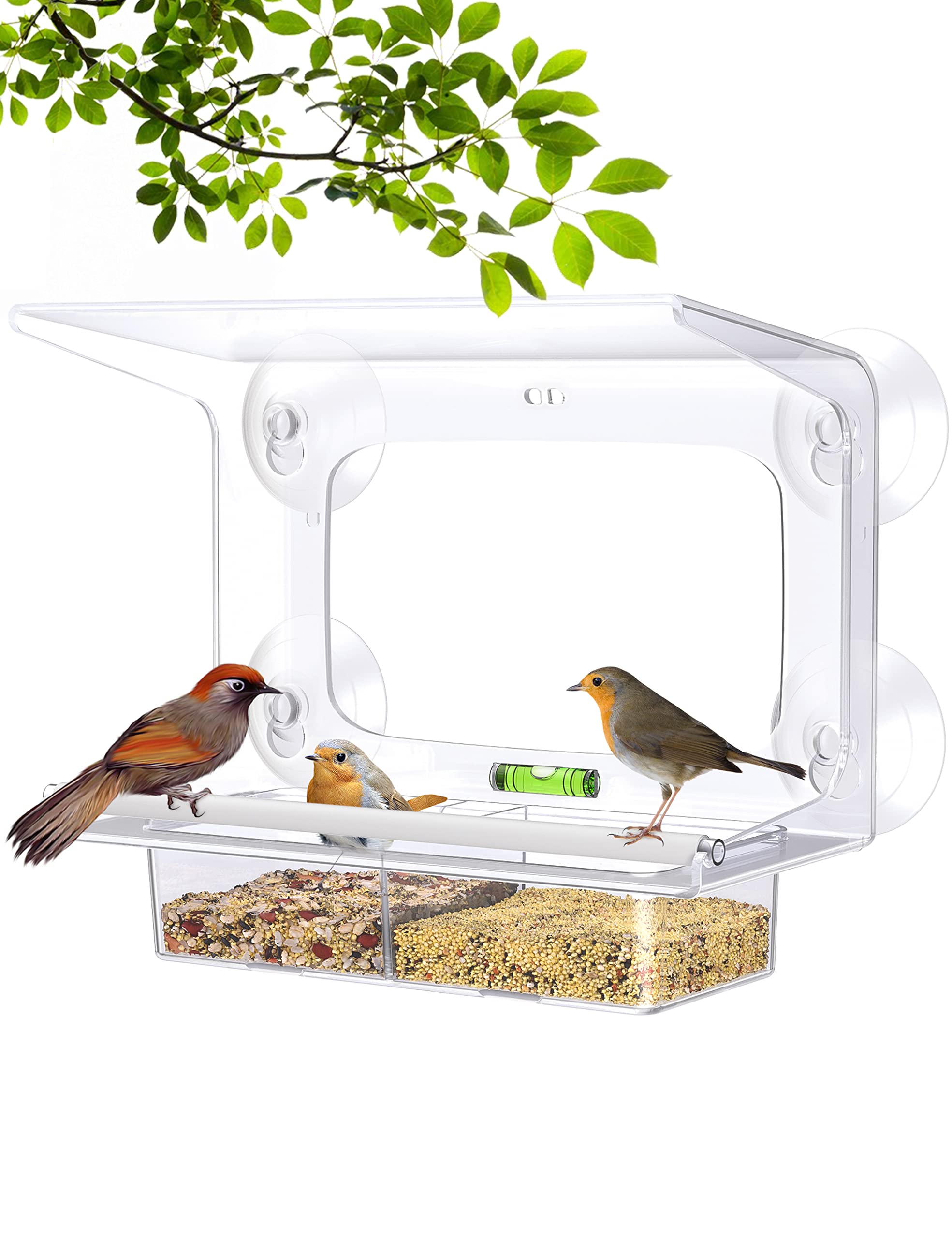 Window Bird Feeder with Strong Suction Cups, CREWOR Clear Bird House Feeders for Outside Wild Birds, Built-in Level & Removable Tray, Fits for Cardinals, Blue Jays, Bluebirds, Finches, Chickadees etc.