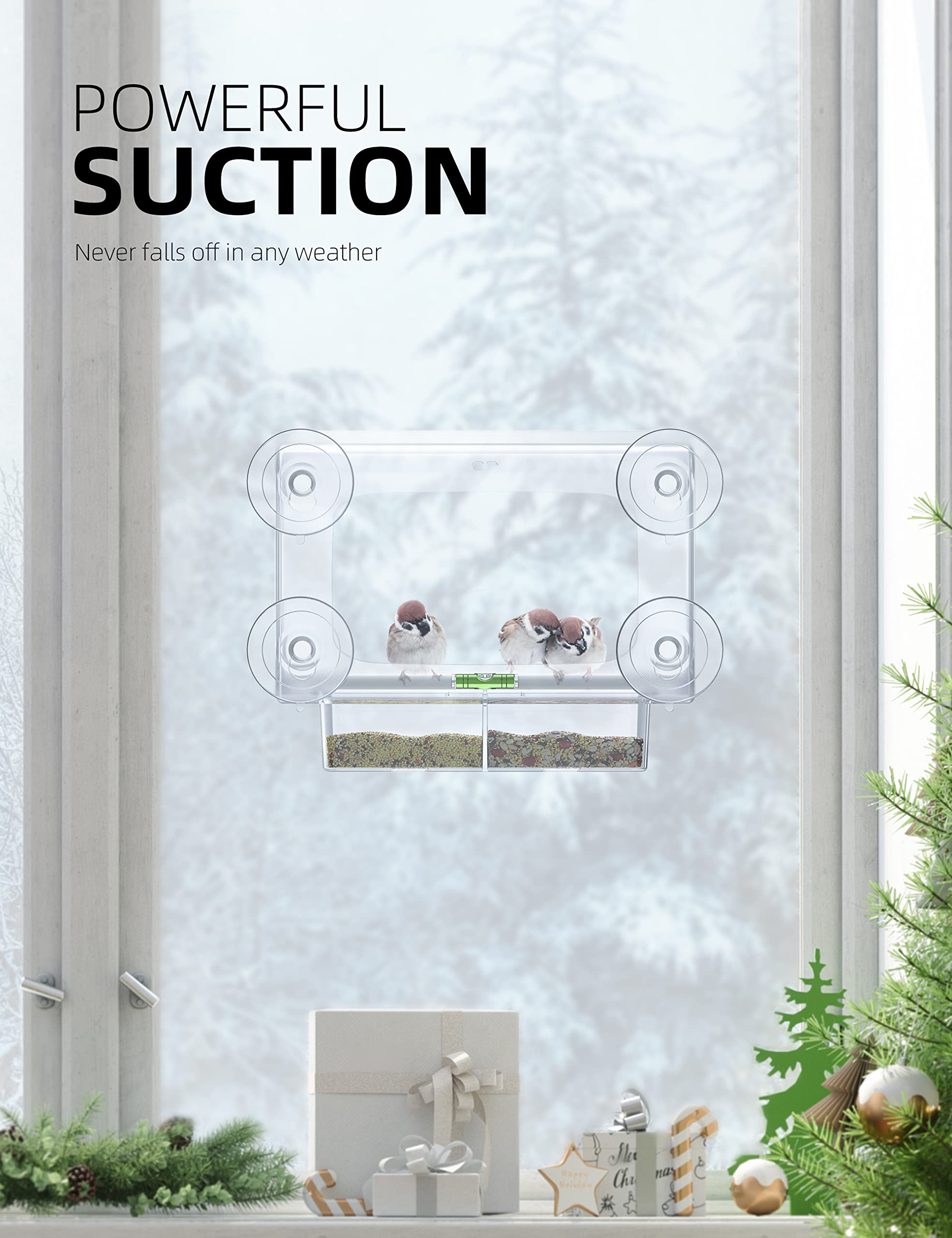 Window Bird Feeder with Strong Suction Cups, CREWOR Clear Bird House Feeders for Outside Wild Birds, Built-in Level & Removable Tray, Fits for Cardinals, Blue Jays, Bluebirds, Finches, Chickadees etc.