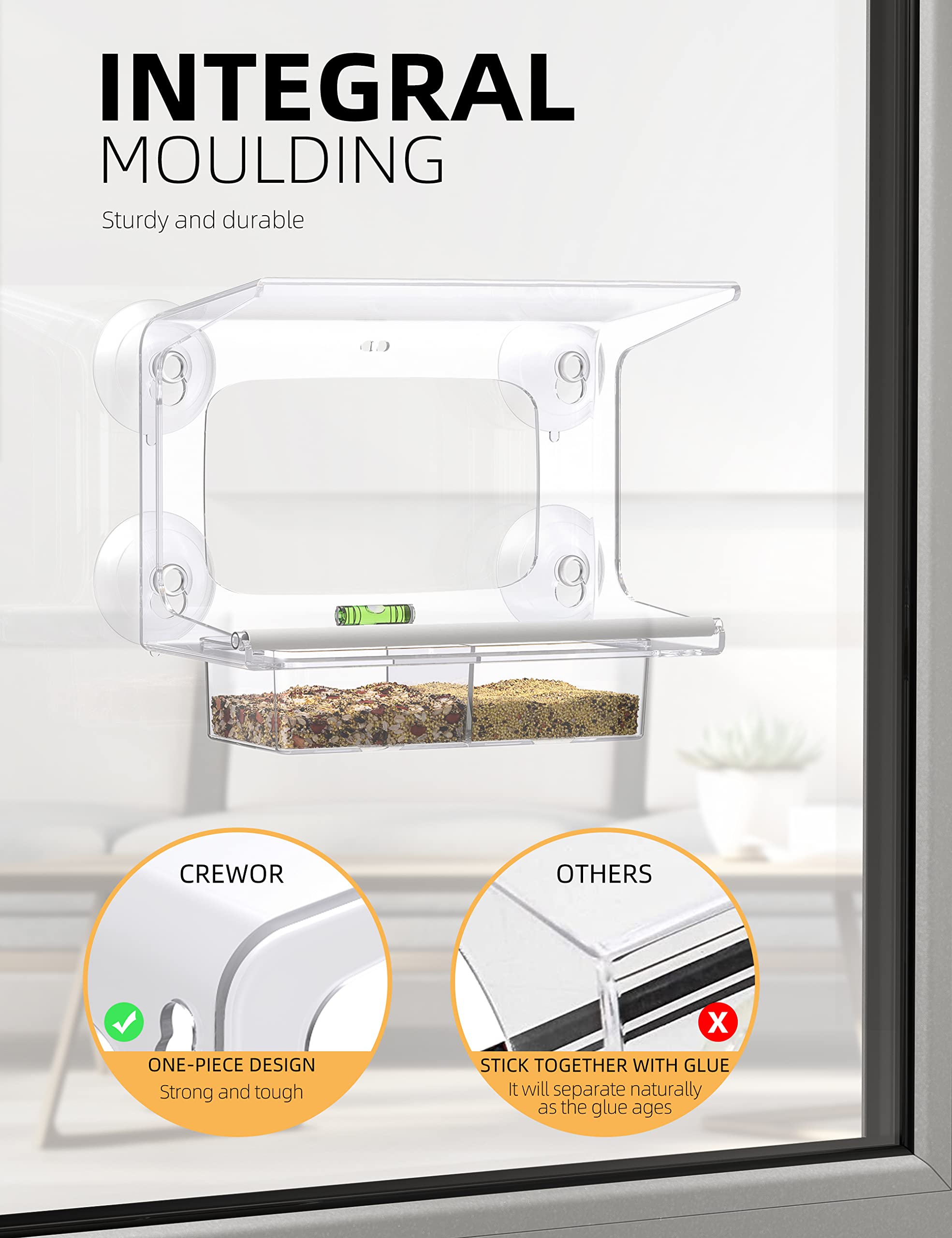 Window Bird Feeder with Strong Suction Cups, CREWOR Clear Bird House Feeders for Outside Wild Birds, Built-in Level & Removable Tray, Fits for Cardinals, Blue Jays, Bluebirds, Finches, Chickadees etc.