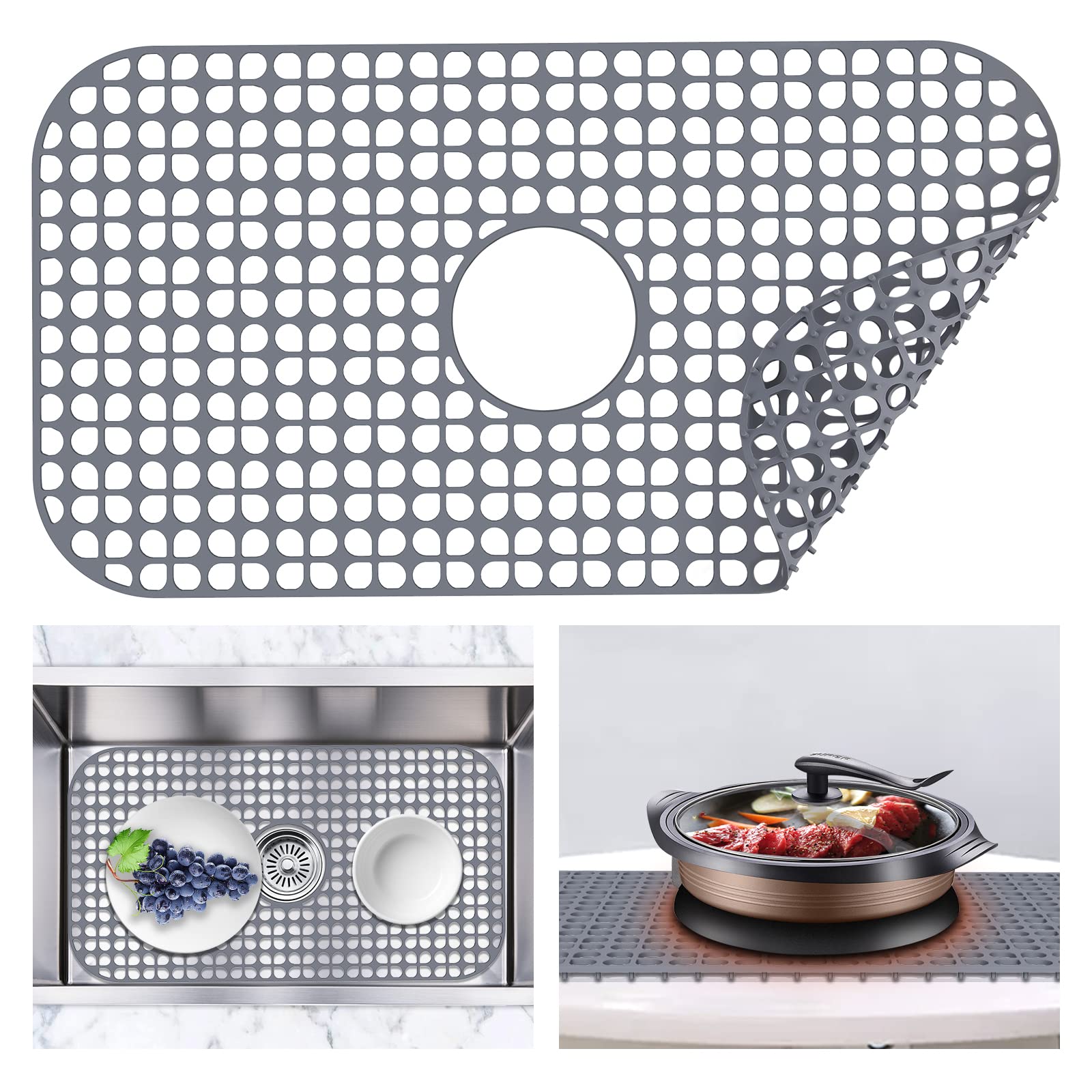 Silicone Kitchen Sink Mat MOSTWOGO-26''x14'' Center Drain Sink Protector for Bottom Kitchen Sink Stainless Steel, 1pcs No-Slip Anti-scratch Sink Grid Grate Accessories(Grey)