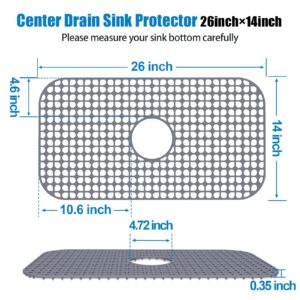 Silicone Kitchen Sink Mat MOSTWOGO-26''x14'' Center Drain Sink Protector for Bottom Kitchen Sink Stainless Steel, 1pcs No-Slip Anti-scratch Sink Grid Grate Accessories(Grey)