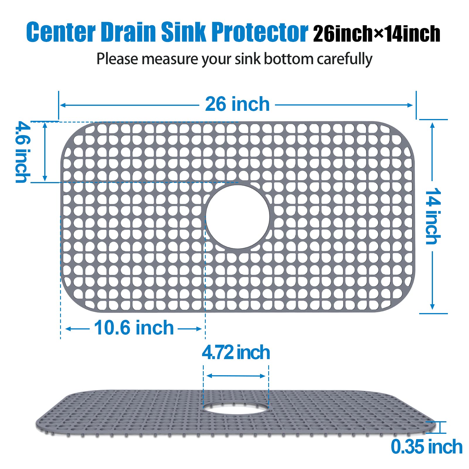 Silicone Kitchen Sink Mat MOSTWOGO-26''x14'' Center Drain Sink Protector for Bottom Kitchen Sink Stainless Steel, 1pcs No-Slip Anti-scratch Sink Grid Grate Accessories(Grey)