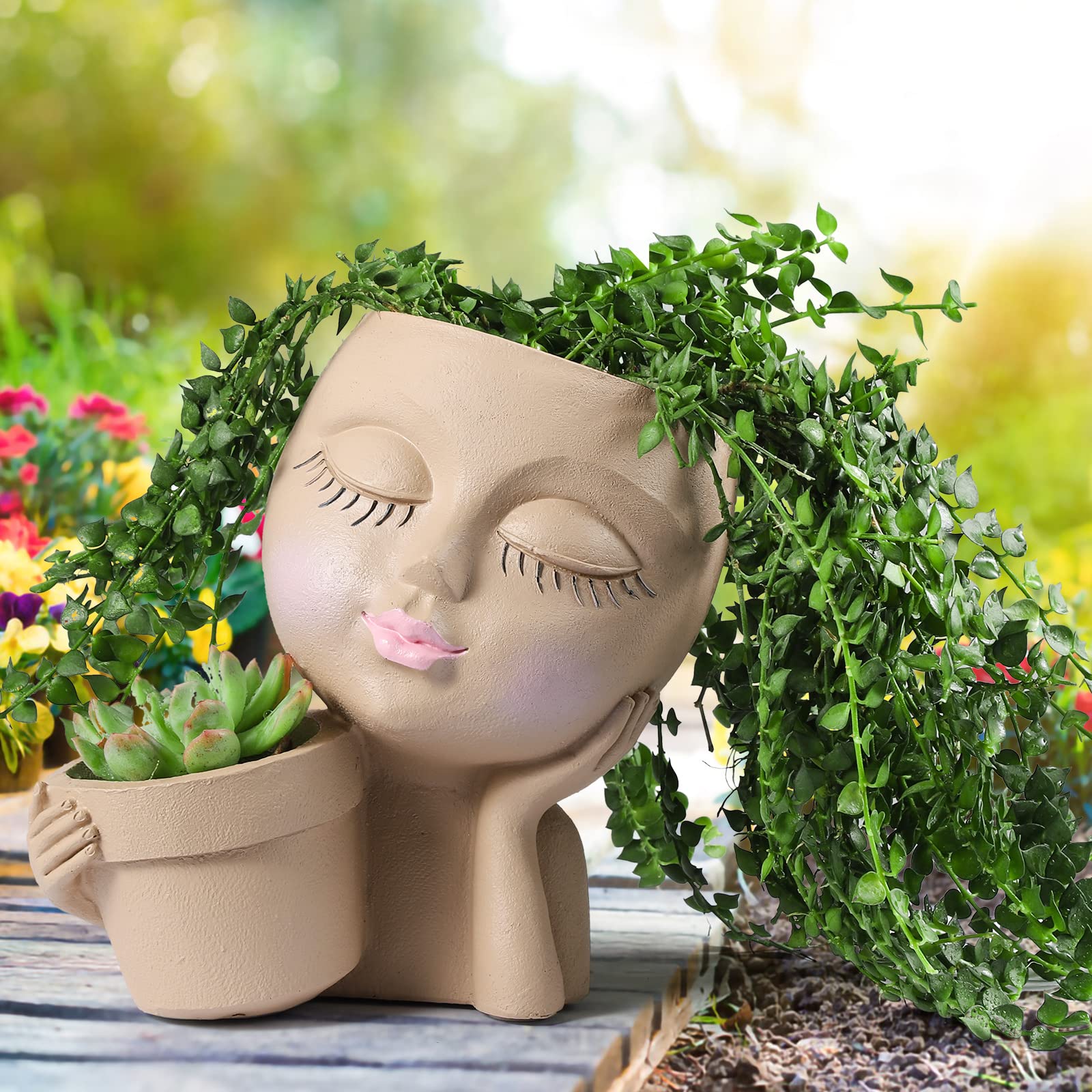 WEWEOW Face Planter Pot - Double Flower Pots in One for Indoor Outdoor Plants Resin Head Planter with Drainage Hole Cute Lady Face Plant Pots