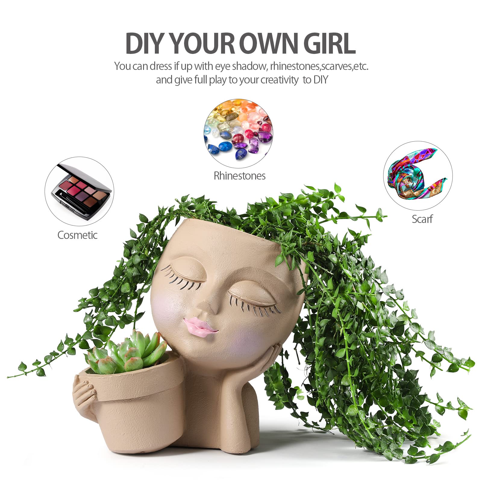 WEWEOW Face Planter Pot - Double Flower Pots in One for Indoor Outdoor Plants Resin Head Planter with Drainage Hole Cute Lady Face Plant Pots