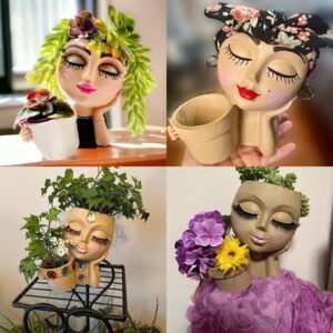 WEWEOW Face Planter Pot - Double Flower Pots in One for Indoor Outdoor Plants Resin Head Planter with Drainage Hole Cute Lady Face Plant Pots