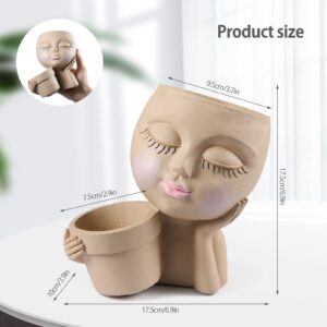 WEWEOW Face Planter Pot - Double Flower Pots in One for Indoor Outdoor Plants Resin Head Planter with Drainage Hole Cute Lady Face Plant Pots