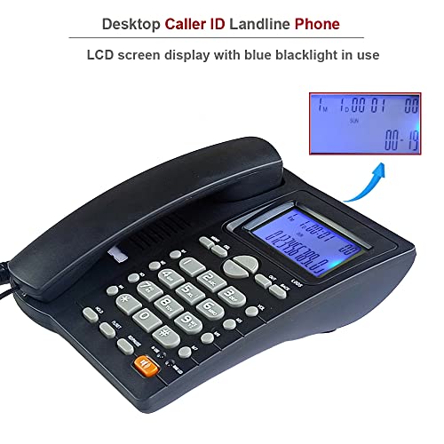 Corded Caller ID Telephone, TelPal Landline Home Phones with Blue Backlight & Speaker, Hands Free Analog Hotel Office Telephone Set, Desktop Speed Memory Dial Telephones for Seniors (Black)