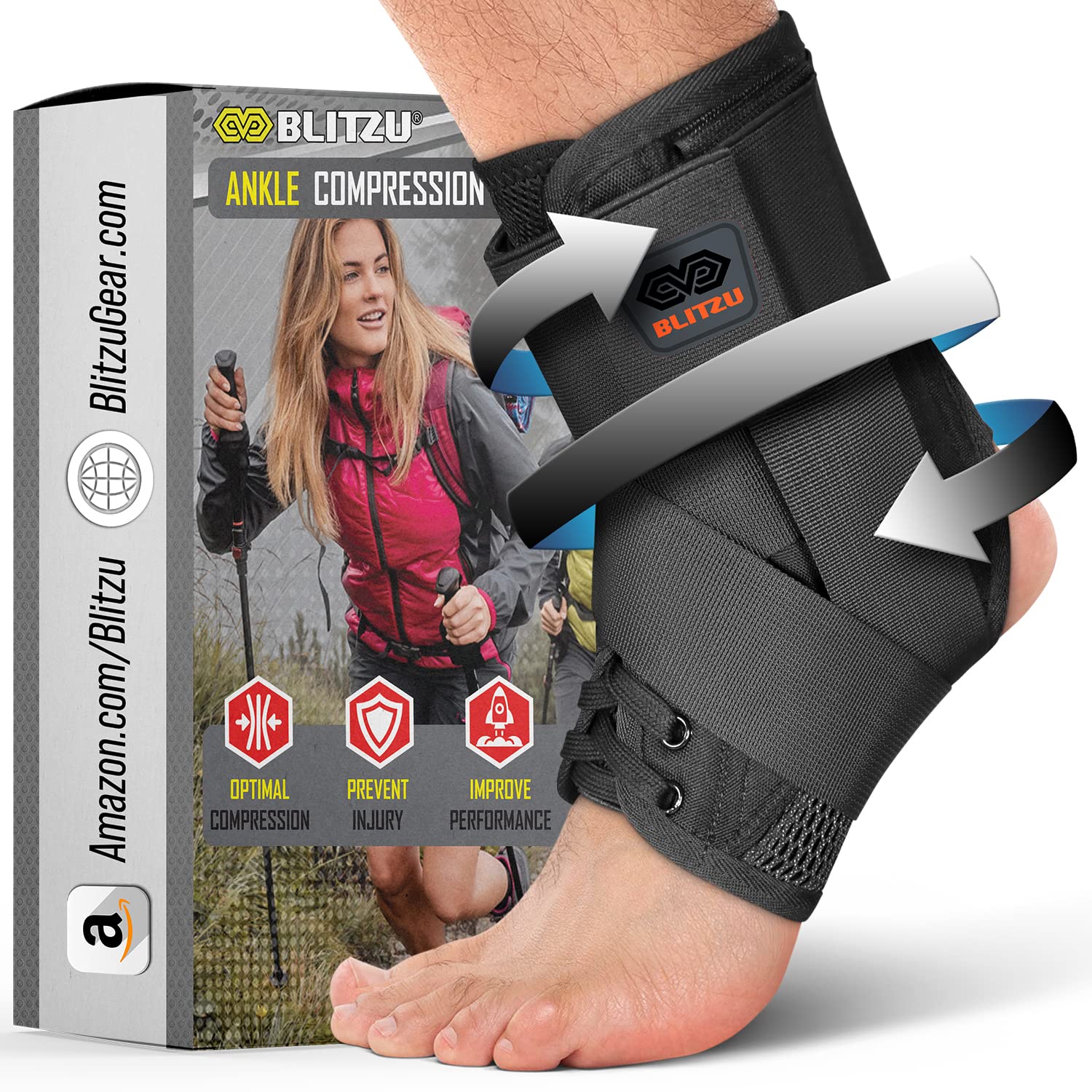 BLITZU Ankle Brace for Women and Men. Lace Up Foot Brace With Stabilizer Support. Ankle Wrap for Sprained Ankle, Tibial & Peroneal Tendonitis, Volleyball, Basketball, & Injury Recovery. (Medium)