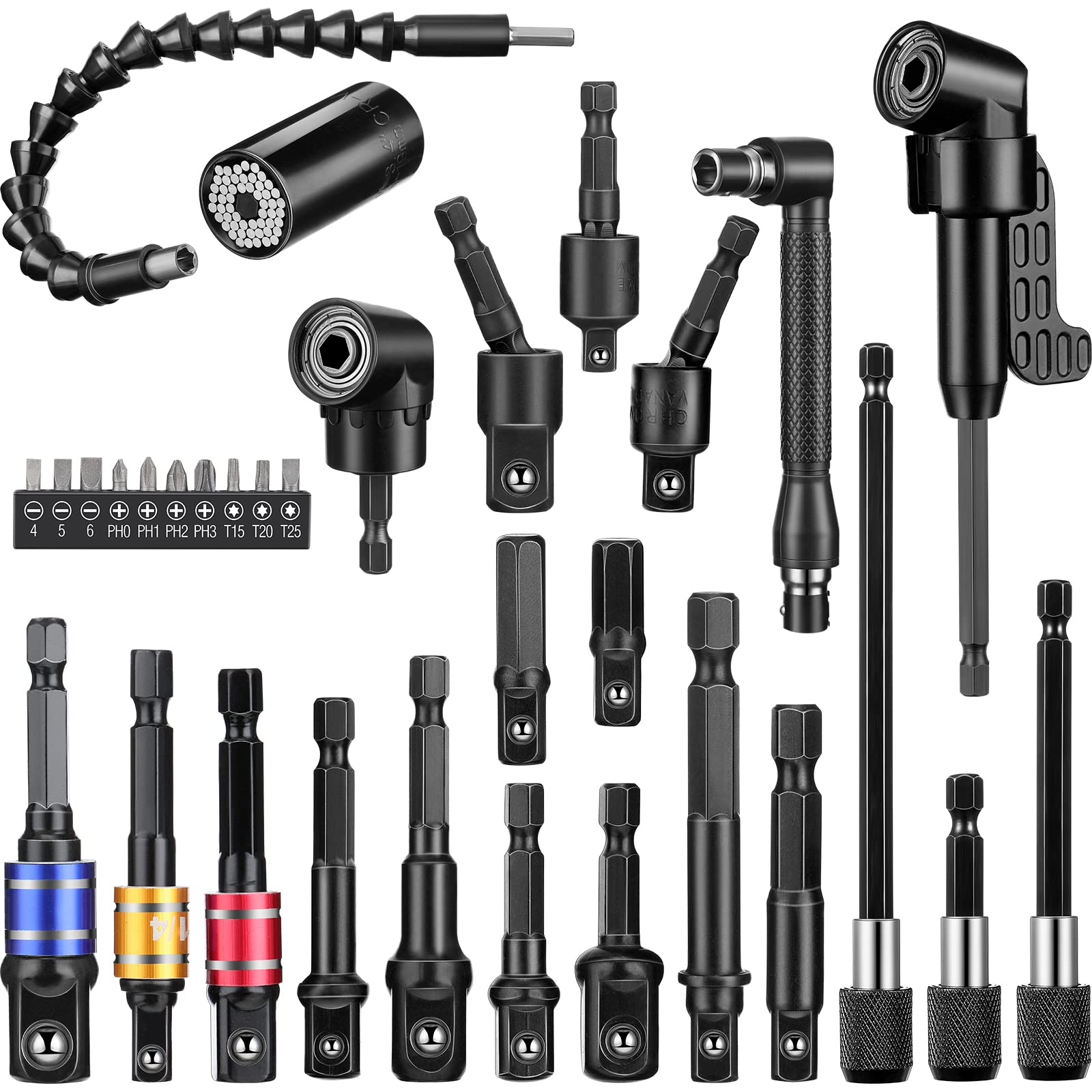 32 Pieces Flexible Drill Bit Extension Set Including 105° Right Angle Drill Attachment 1/4, 3/8, 1/2 Inch Hex Adapter Socket Bendable Magnetic Extender Universal Drill Bit Extension Screwdriver