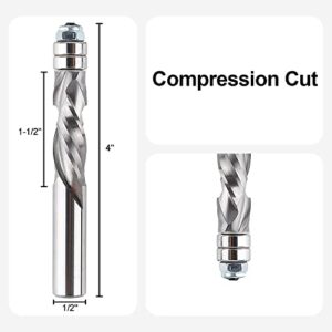 SpeTool Spiral Flush Trim Router Bit, 1/2 Inch Shank 1-1/2 Inch Cutting Length Extra Long 4 Inch, Solid Carbide UP&Down Compression Router Bits for Woodwork CNC Triming