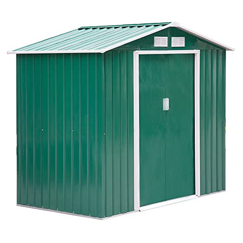 Outsunny 7' x 4' Outdoor Storage Shed, Garden Tool House with Foundation, 4 Vents and 2 Easy Sliding Doors for Backyard, Patio, Garage, Lawn, Green