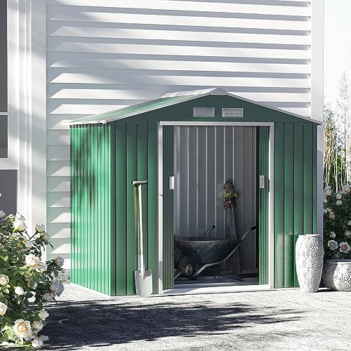 Outsunny 7' x 4' Outdoor Storage Shed, Garden Tool House with Foundation, 4 Vents and 2 Easy Sliding Doors for Backyard, Patio, Garage, Lawn, Green