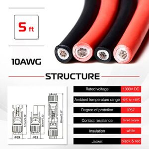 Solar Panel Extension Cable 10 Gauge 10 AWG 5 Feet Black + 5 Feet Red Solar Panel Extension Cable Wire Solar Connectors