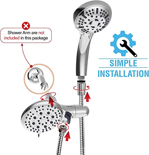 High Pressure 3-Way Shower Head Combo Dual Shower Head with Stainless Steel Hose Enjoy Luxurious 6-setting Rain Shower Head & 9-Setting Hand Held Shower Separately or Together