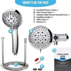 High Pressure 3-Way Shower Head Combo Dual Shower Head with Stainless Steel Hose Enjoy Luxurious 6-setting Rain Shower Head & 9-Setting Hand Held Shower Separately or Together