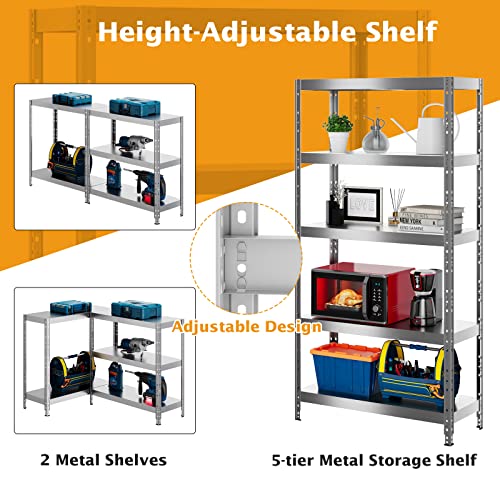 Tangkula Garage Storage Shelves, 5-Tier Metal Shelves for Storage, Shelving Unit with Foot Pads, Heavy Duty Storage Rack, 2866LBS Load Capacity, Bolt-Free Assembly, 39 x 16 x 77 Inches (1, Silver)